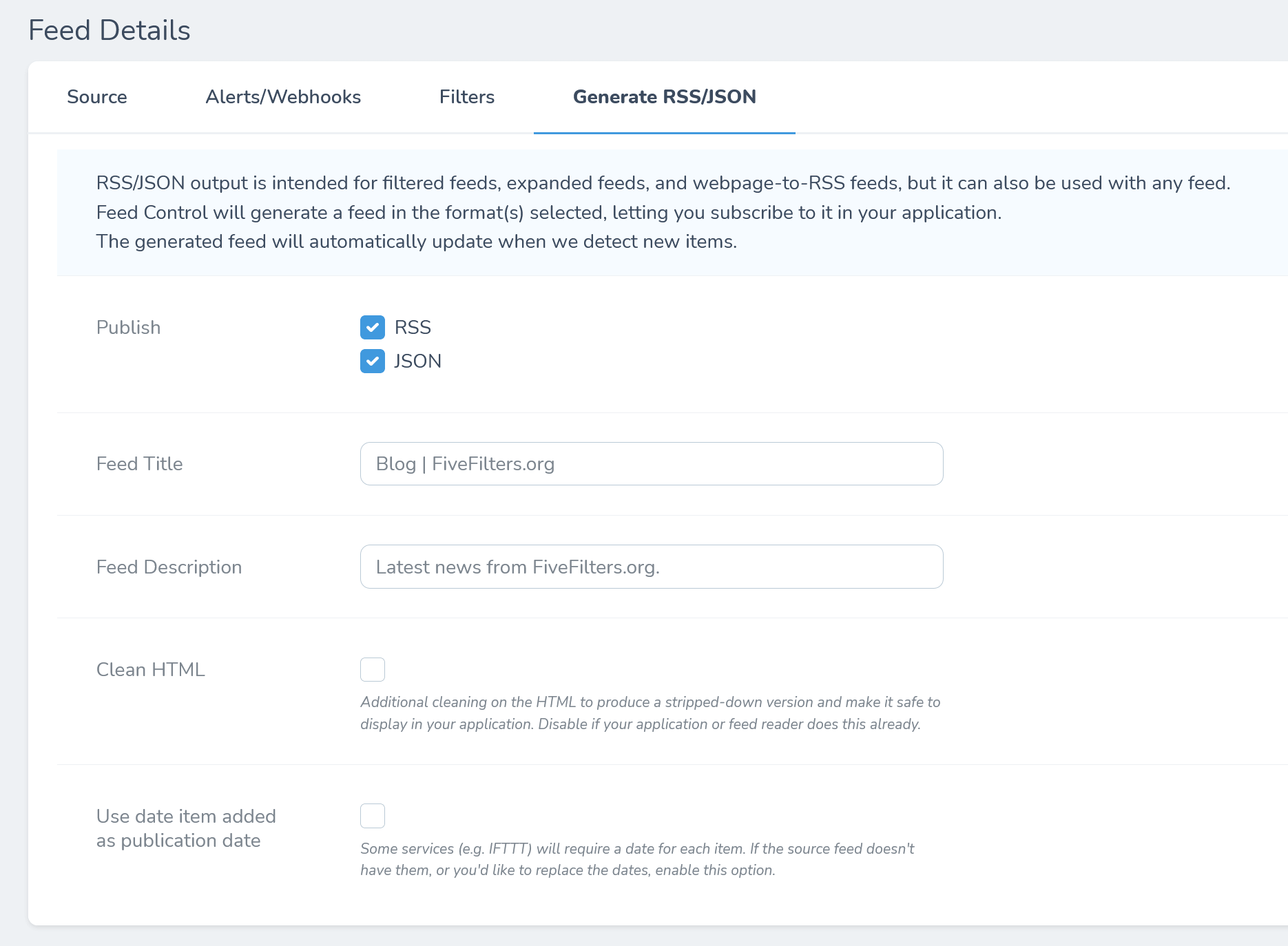 Feed Control: JSON output on all paid plans and CDN fixes - FiveFilters.org